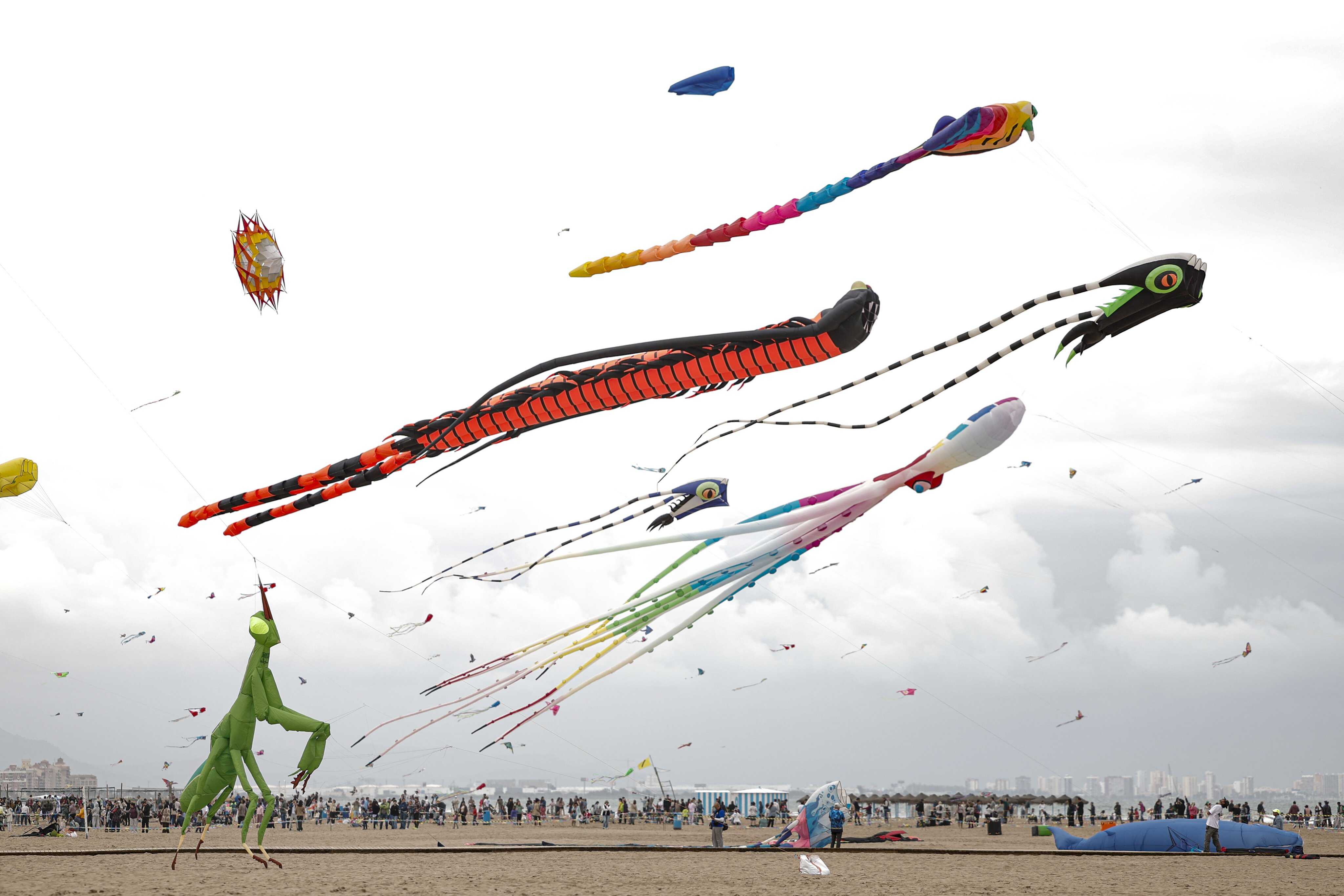 Write a funny caption for these unique kites taking to the skies ...